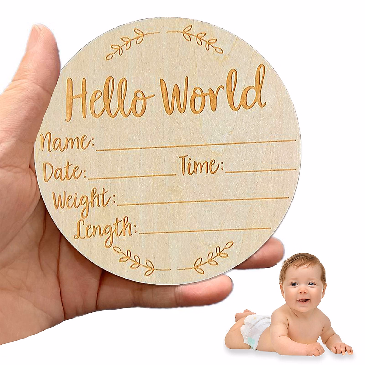 joaoxoko Hello Horld Newborn Sign，5.9 Inch Round Wooden Baby Announcement Sign for Newborn Boys and Girls，Welcome Baby Sign for Hospital Photo Prop Gift (Leaf)