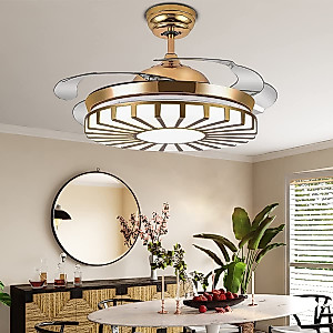 JSDTAN 42" Modern Ceiling Fan Light, Stripes LED 3 Colors Lighting with Remote Control Fixture Ceiling Fan Lights Retractable Invisible Blades Mute Motor for Bedroom Living Room Dining Room