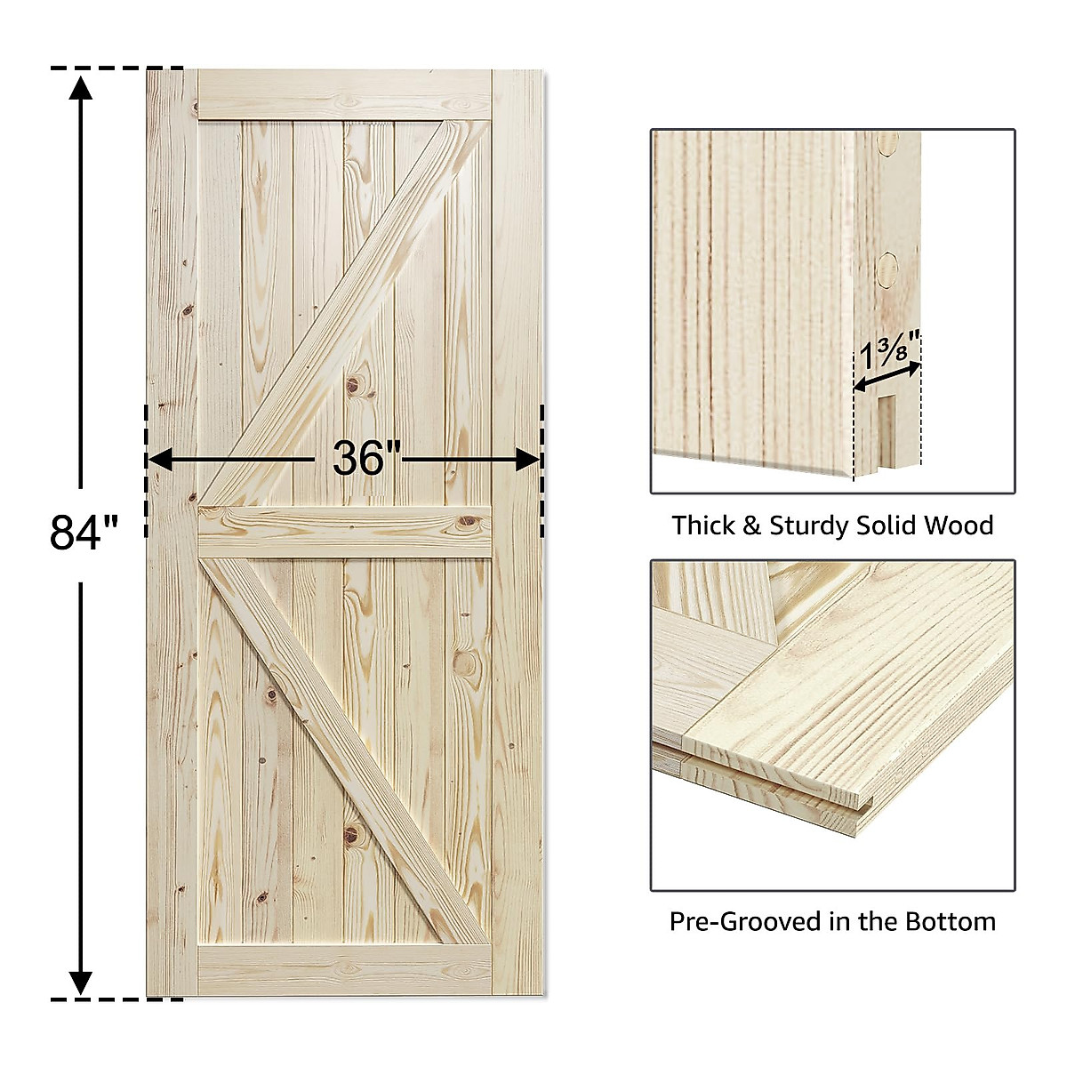 SmartStandard 36in x 84in Sliding Barn Wood Door Pre-Drilled Ready to Assemble, DIY Unfinished Solid Spruce Wood Panelled Slab, Interior Single Door Only, Natural, K-Frame (Fit 6FT-6.6FT Rail)