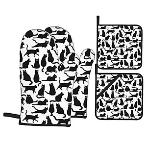 Black Cat Oven Mitts and Pot Holders Set of 4 Washable Heat Resistant Kitchen Gloves Waterproof Oven Gloves and Hot Pads for Cooking Grilling BBQ Baking