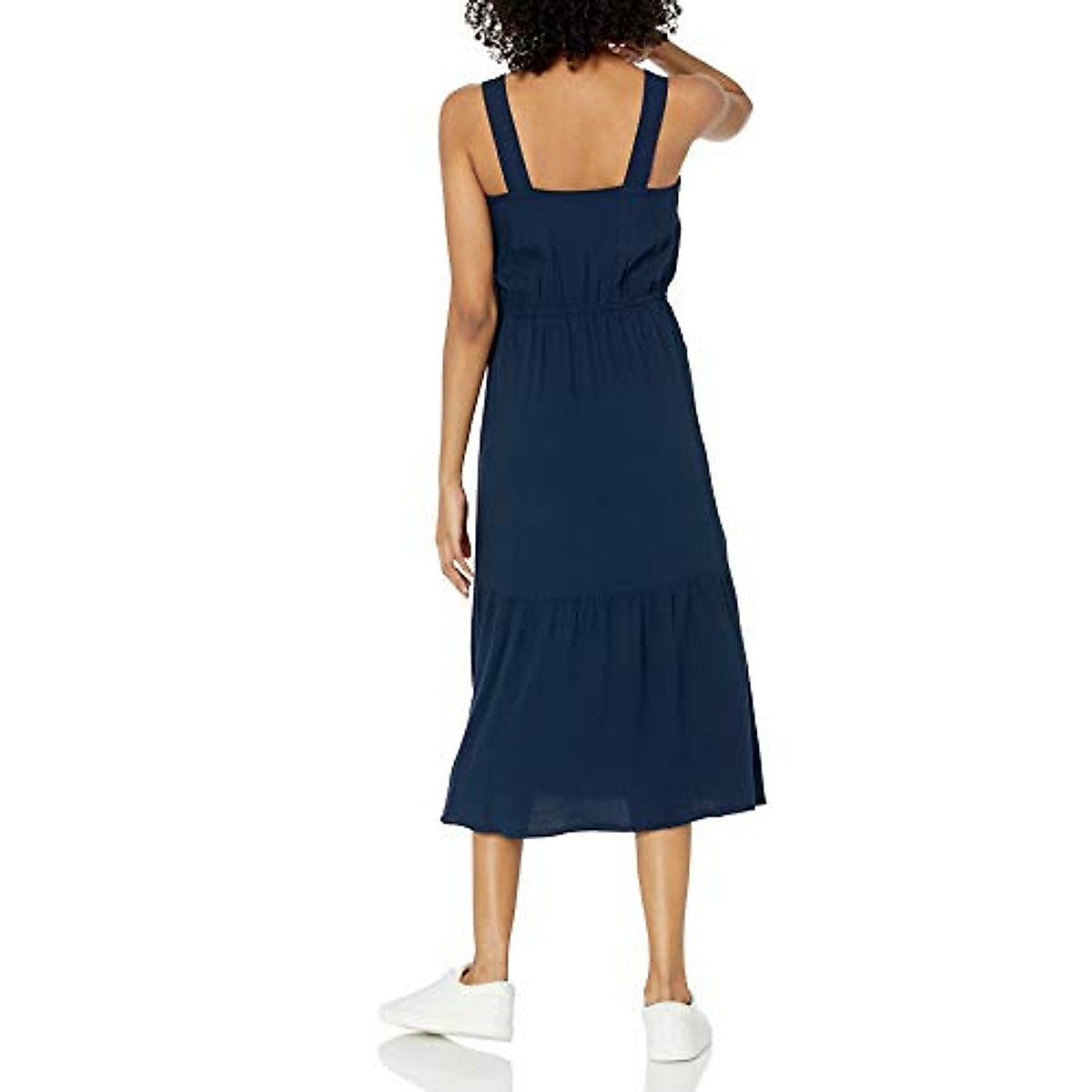 Amazon Essentials Women's Fluid Twill Tiered Fit and Flare Dress, Navy, Large