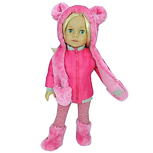 Sophia's 18" Doll 4 pc. Winter Outfit with Hot Pink Nylon Zipped Jacket, Bear Faux Fur Hat and Boots, and Hot Pink and Gray Striped Leggings