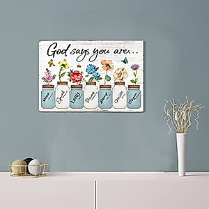 Inspirational Floral Canvas Wall Art: God Says You Are Positive Quotes Wall Decor, Flowers in Mason Jar Picture Motivational Bible Verse Poster for Women Bedroom Home Decoration 10" x 15"