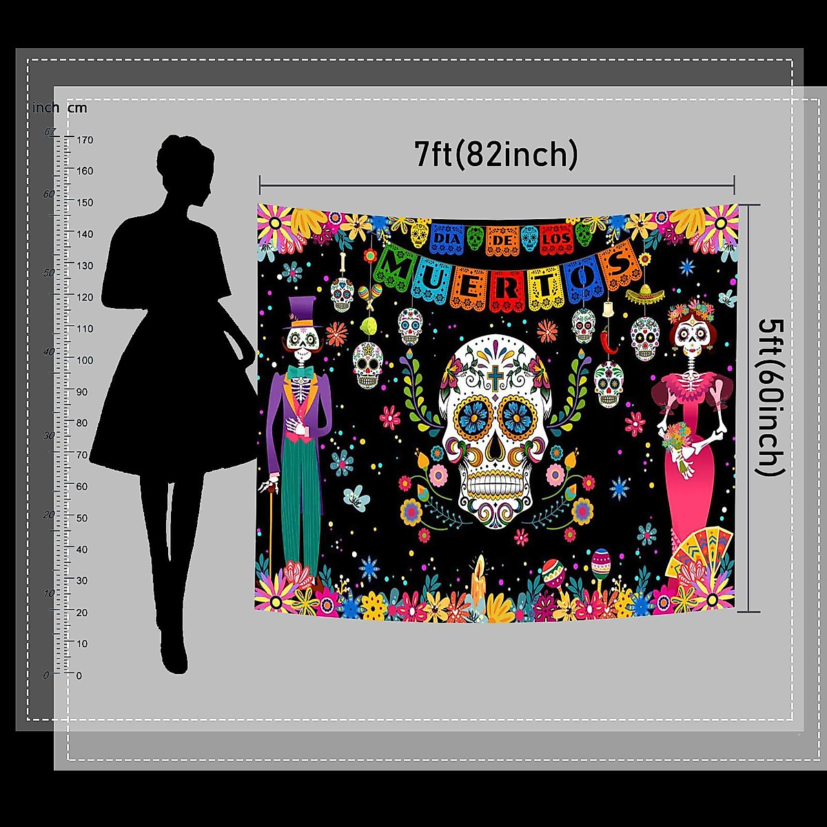 Mocsicka Day of The Dead Backdrop Mexican Día De Los Muertos Background Fiesta Sugar Skull Halloween Dress-up Party Decoration Halloween Cake Table Banner (Muticolor, 7x5ft(82''x60''))