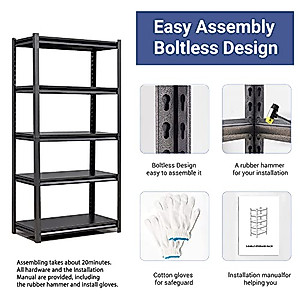5 Tier Metal Shelving Unit 2000LBS Capacity Adjustable Garage Storage Utility Rack Heavy Duty Shelves Organization Shelf Warehouse Basement Kitchen Living Room Pantry - 31.5"W x 15.7"D x 63"H