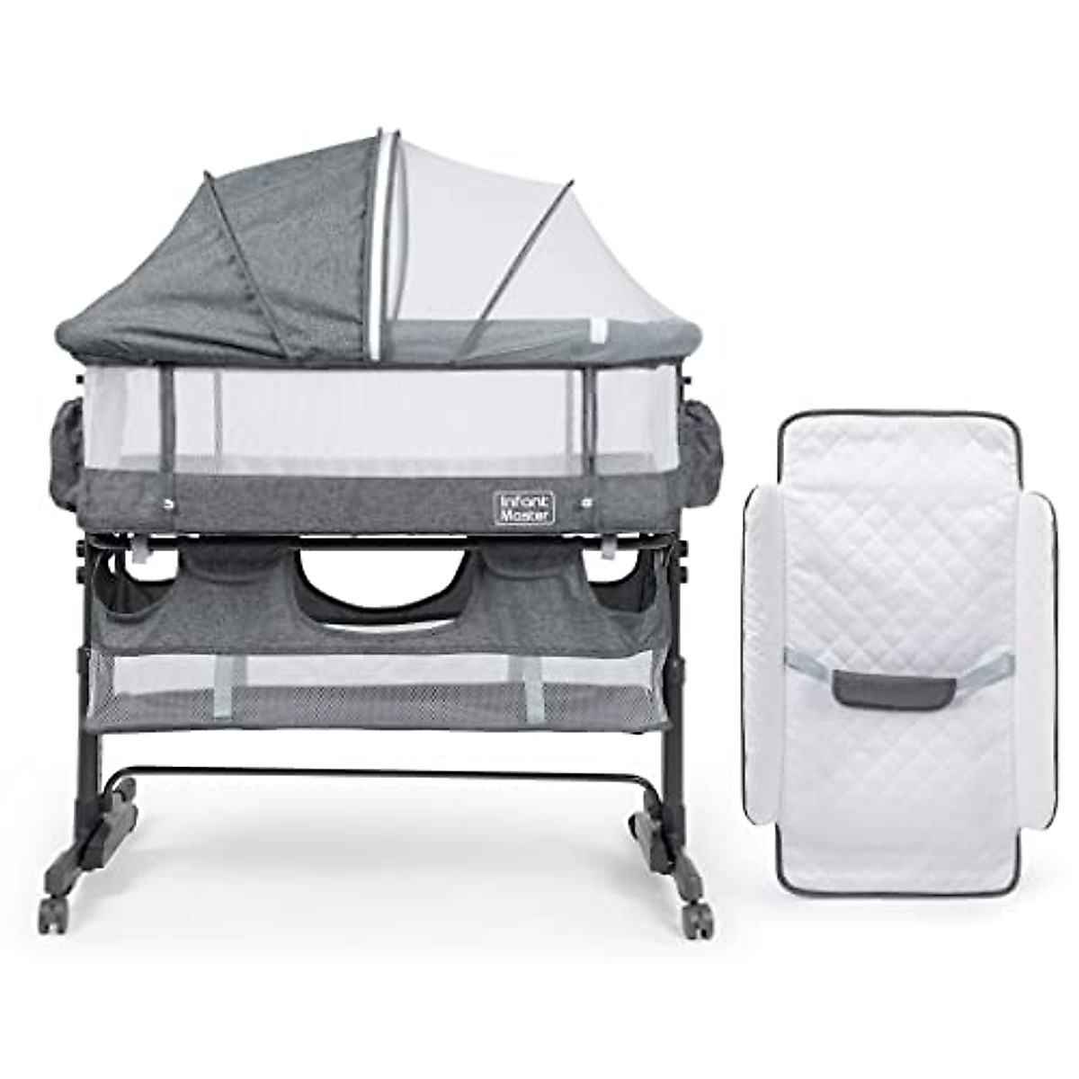 4 in 1 Baby Bassinet, Upgraded Nursery center w/ Diaper Changer, 360° Highly Visible Mesh wall, Comfy Newborn Bassinet with 5 Level Adjustable Height, Portable Baby Travel Crib for baby, Grey