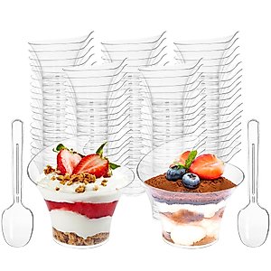 Nicunom 100 Pack Mini Dessert Cups with Spoons, 3.5 Oz Plastic Dessert Cups Clear Parfait Appetizer Cup, Small Serving Bowl for Ice Cream Mousse Tasting Party Sample Appetizers