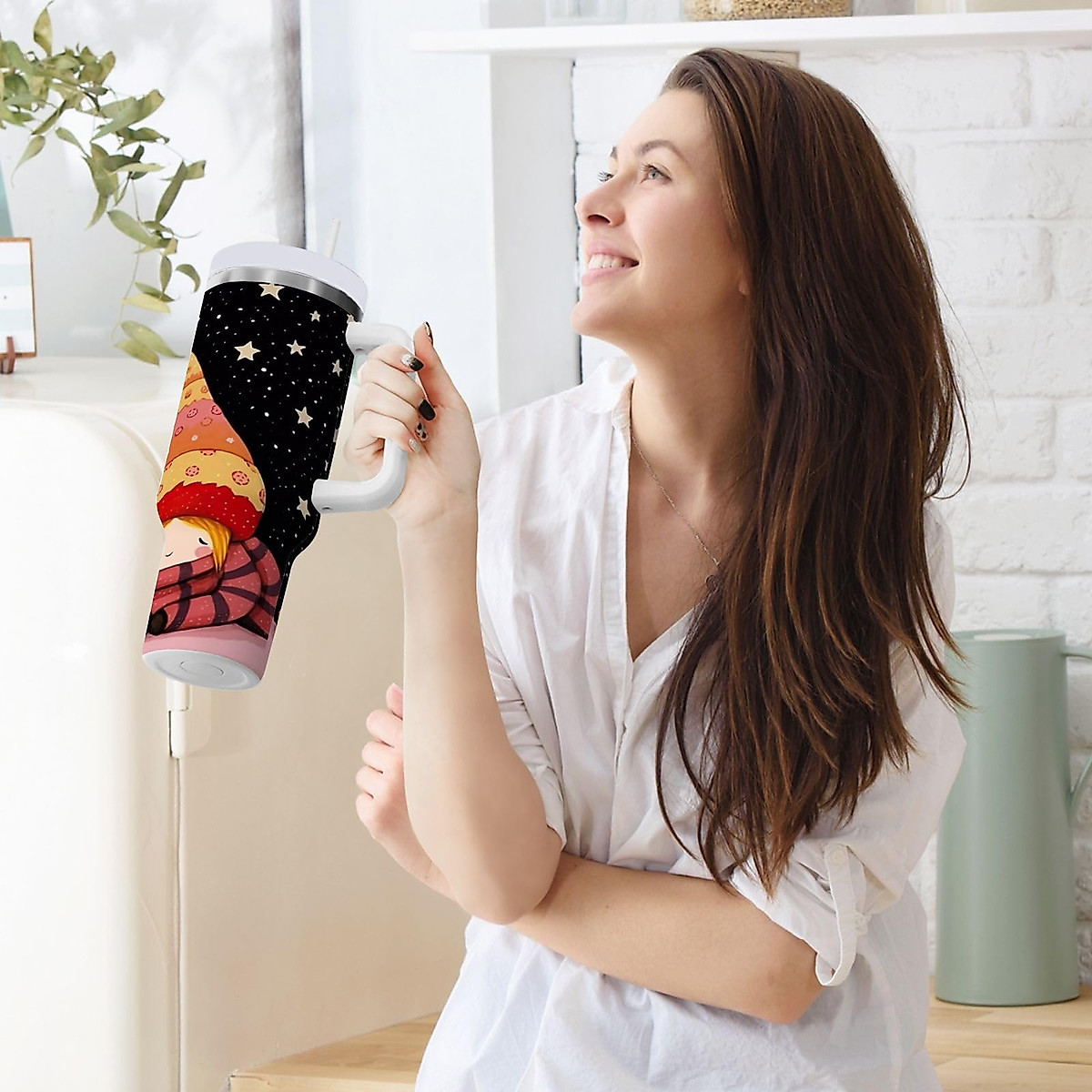 Jihqo Night Sleeping Gnomes 40 oz Stainless Steel Vacuum Insulated Tumbler with Handle and Straw Lid, Leakproof Water Bottle Double Wall Travel Mug Coffee Cup, Cupholder Friendly