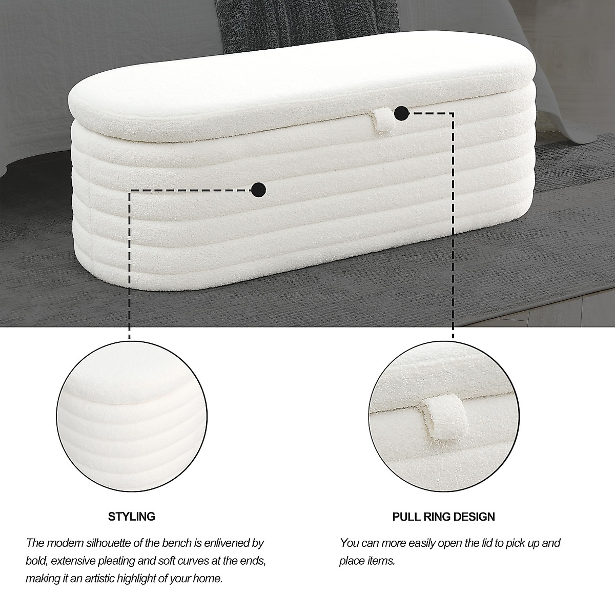 IMGDD 45.5 inches Storage Ottoman Bench Upholstered Fabric Storage Bench End of Bed Stool with Safety Hinge for Bedroom, Living Room, Entryway (White)