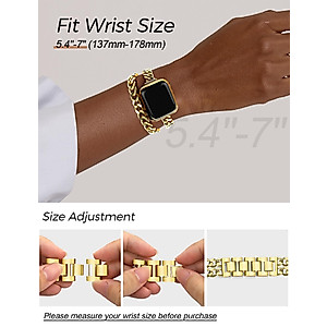 JR.DM Gold Watch Bands for Women Compatible with Apple Watch Band 42mm 44mm 45mm Adjustment Metal Band Cowboy Steel Chain Bracelet for iWatch Series 9/8/7/6/5/4/3/2/1/SE/Ultra (No Case)