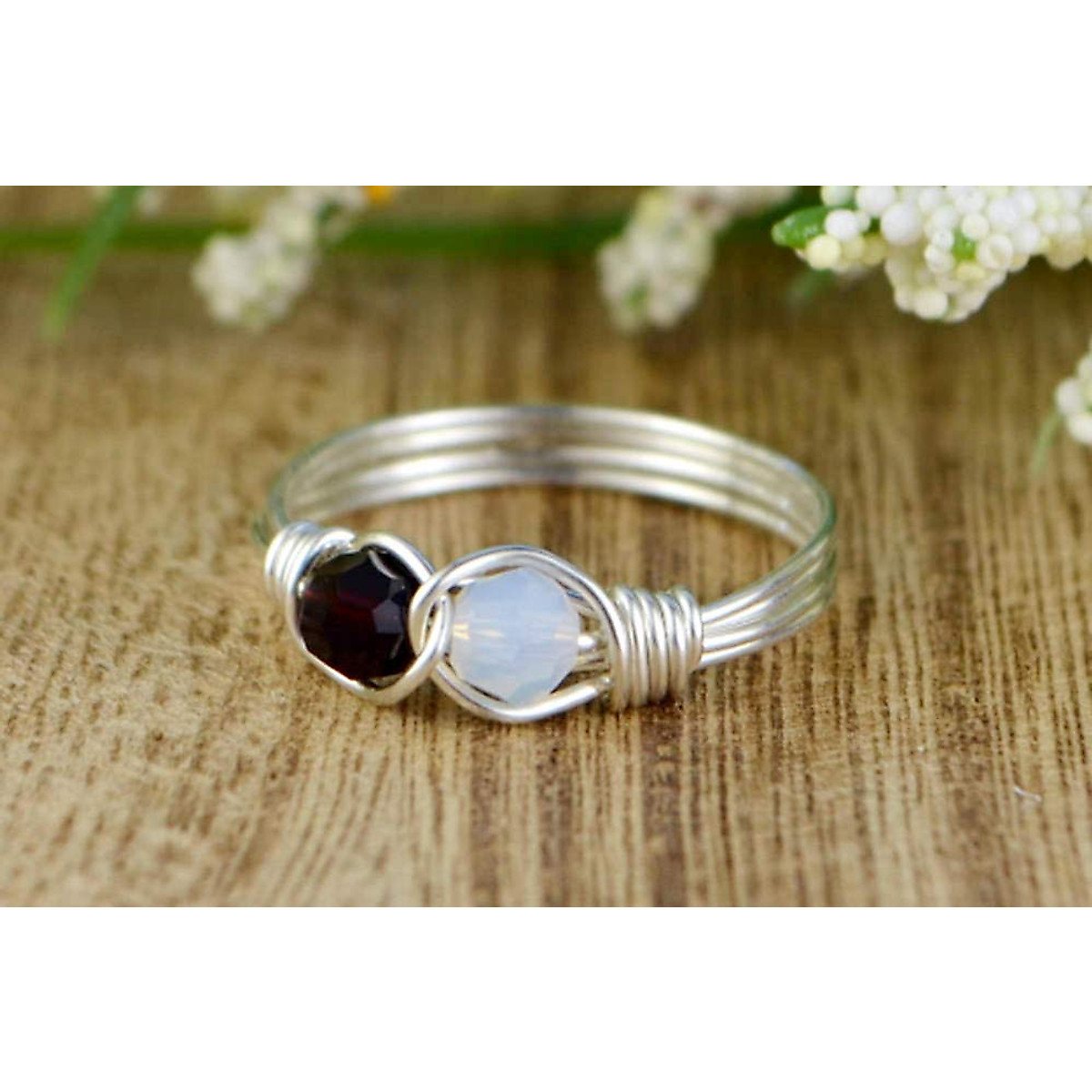 Any Two Crystals Birthstones Infinity Symbol Ring in Sterling Silver or 14kt Yellow or Rose Gold Filled Handmade Wire Wrapped Ring- Made to size 4-14