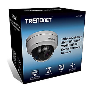 TRENDnet Indoor Outdoor 8MP 4K H.265 120dB WDR PoE Dome Network Camera, IP67 Weather Rated Housing, SmartCovert IR Night Vision Up To 30m (98 ft.), MicroSD Card Slot, White, TV-IP1319PI