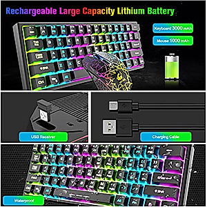 ZIYOU LANG T61 Wireless Gaming Keyboard and Mouse Combo with Ergonomic 61 Key Rainbow LED Backlight Anti-ghosting Mechanical Feel Rechargeable 4000mAh Battery Mouse Pad for PC MAC Gamer Typists(Black)