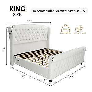 AMERLIFE King Size Platform Bed Frame, Chenille Upholstered Sleigh Bed with Scroll Wingback Headboard & Footboard/Button Tufted/No Box Spring Required/Cream