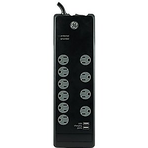 GE Surge Protector with 10 Outlets and 2 USB Ports, Twist-to-Lock, Black, 13476