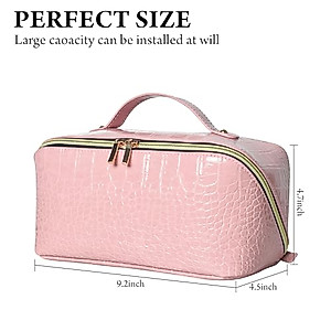 Sanshisi Travel Makeup Bag, Waterproof Leather Portable Cosmetic Travel Bag for Women Large Capacity Cosmetic Organizer Pouch with Compartments and Handle, Pink