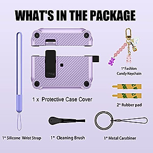 [5 in 1] Case for Airpods 3rd Gen with Lock, Carbon Fiber Secure Lock Clip PC+TPU Shockproof Protective Air Pods 3 Case Cover for Women for Airpods 3rd Generation with Fashion Candy Keychain (Purple)