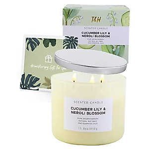 Cucumber, Lily of The Valley & Neroli Blossom Luxury 3-Wick Candle | Large Scented Candles for Home 15.8 oz | Relaxing Aromatherapy Stress Relief Candles | Natural Soy Candles for Women & Men
