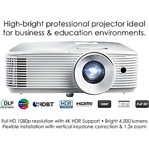 Optoma EH412x Professional 1080p Projector | 4,500 Lumens for Daytime Use in Meetings, Training and Classrooms | 15,000 Hour Lamp Life | 4K HDR Input | Built-in Speaker