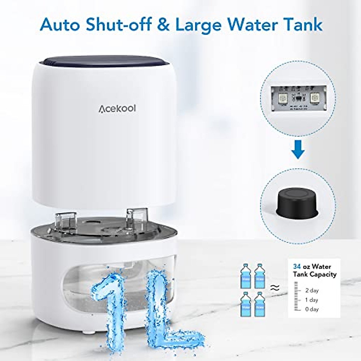 Acekool 35oz Dehumidifier Small Dehumidifier 2 in 1 with 7 Colorful Lights, Low Energy Portable Small Air Dehumidifiers for Home Bedroom Bathroom, Auto-off & Timer Function, Ultra Quiet 25dB, White