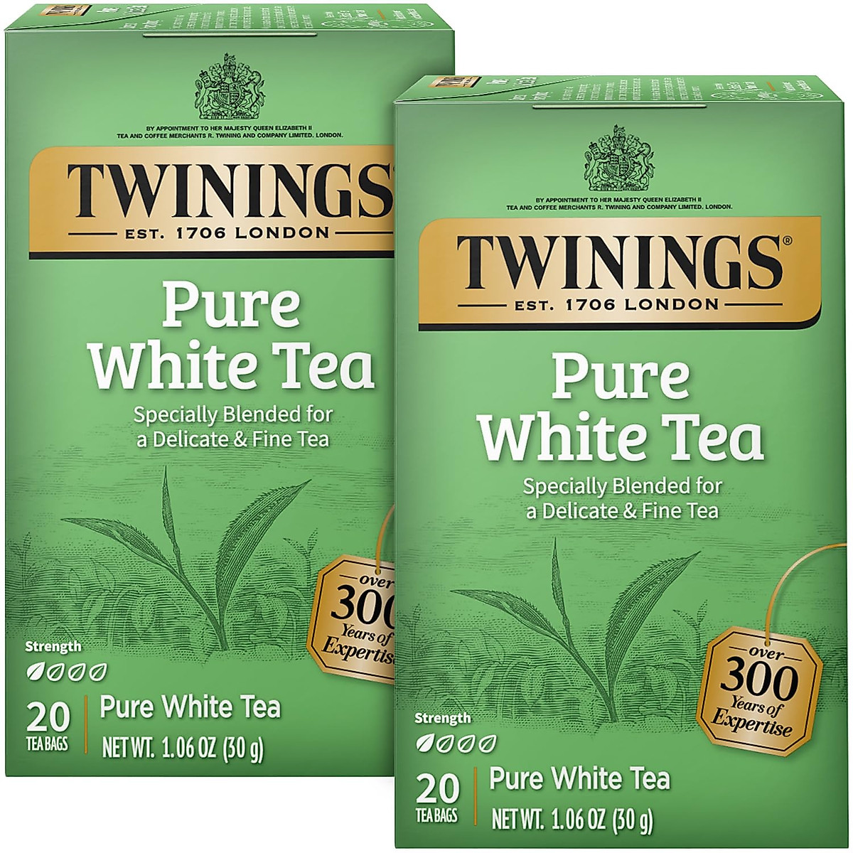 Twinings Pure White Tea Bags - Delicate Caffeinated Tea Made from Fresh White Tea Leaves, Perfect for Hot or Iced Tea, 20 Count (Pack of 2)