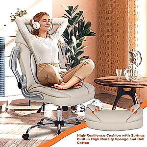 Comermax Modern Executive Office Chairs with Lumbar Support, 90-120° Rocking Managerial Chair Ergonomic PU Leather Home Office Desk Chairs with Wheels, Flip-up Arms & Back Support (White)