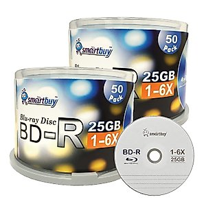 Smartbuy 100 Pack Bd-r 25gb 6X Blu-ray Single Layer Recordable Disc Logo Top Blank Data Video Media 100 Disc Spindle