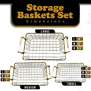 Majika 3 Gold Wire Basket Set | Storage | Decor | Crafts | Kitchen Organizing | Great for Closets | Cabinets | Pantries | Tables | Counter Tops | Office Storage | Nesting Baskets
