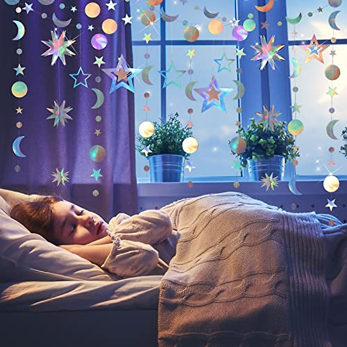 7 Pcs Iridescent Moon Star Garland Streamer, Bling Bling 3D Twinkle Little Stars Hanging Decor Backdrop for Baby Shower Birthday Graduation Eid Mubarak Party Decoration