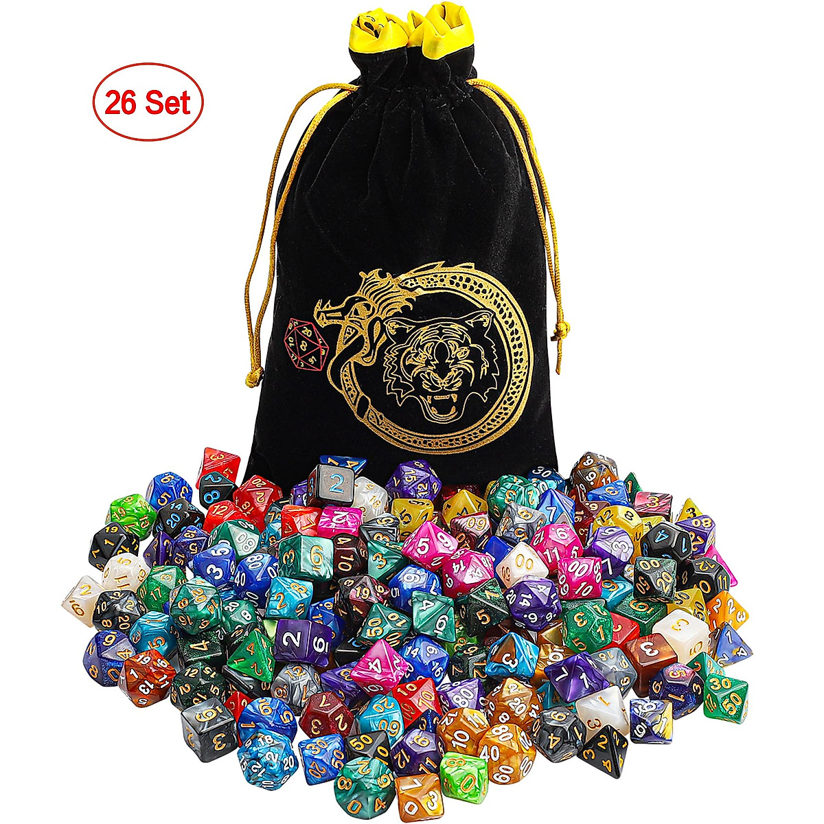 CiaraQ DND Dice Sets - 26 X 7 Polyhedral Dice (182pcs) with a Large Drawstring Bag Great for Dungeons and Dragons, Role Playing Table Game.