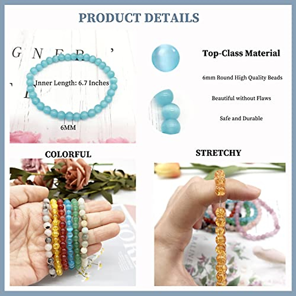 Svovin 12Pcs Gemstone 6mm Semi Precious Round Beaded Bracelet Set For Women Men Healing Crystal Stretch Energy Stone Bead Bracelets Jewelry