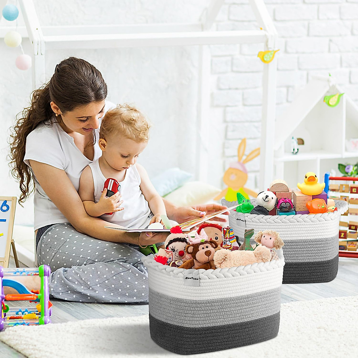 AivaToba 3 Pack Storage Basket: Toy Basket Cotton Rope Basket with Handles - Decorative Basket for Clothes, Blankets, Toys, Books（ 13.4” x 8” x 9” ）