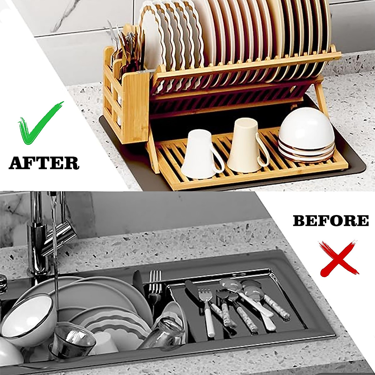 Olioeiao Bamboo Dish Drying Rack for Kitchen - Collapsible 3-Tier Wooden Folding Drainer with Utensil Holder and Dish Strainer Board for Countertop, Sink, and Racks Dryer (Natural)