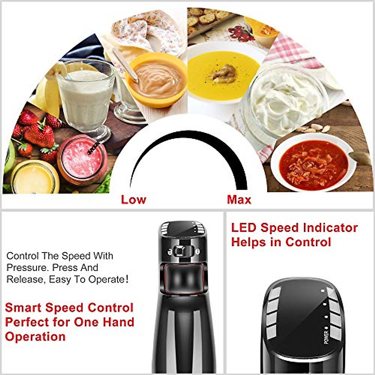 iCucina 4-in-1 Variable Speed Immersion Hand Blender, Powerful 400W DC Motor, One Button Operation Smart Stick Blender with Whisk, Beaker, Chopper attachments, Black