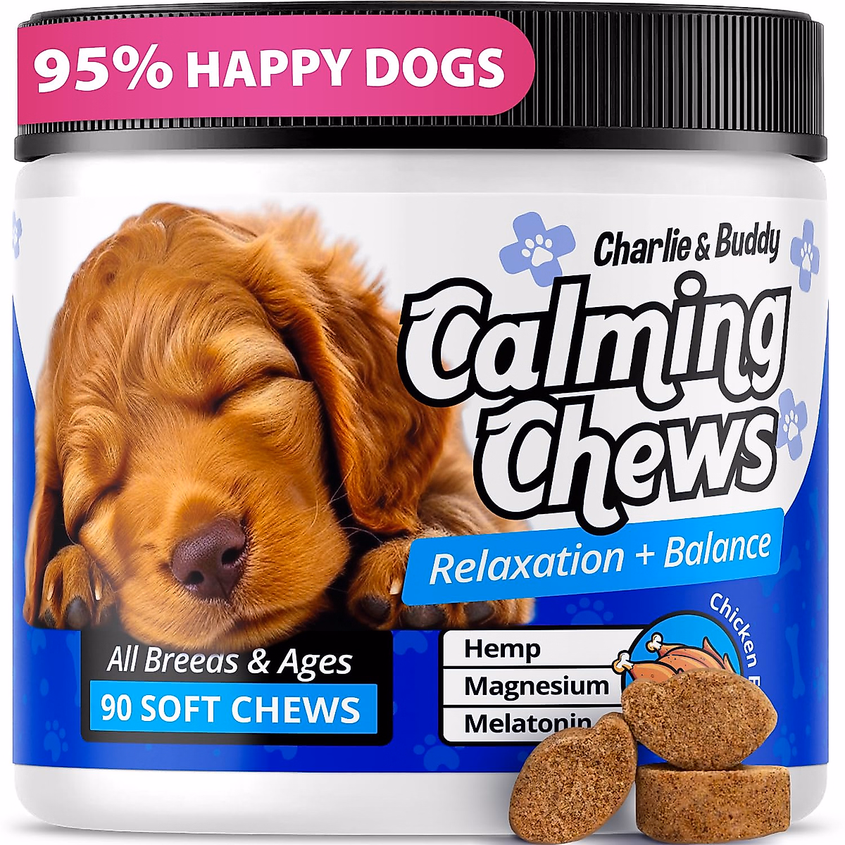 Charlie & Buddy Calming Chews for Dogs, Dog Anxiety Relief, Promote Relaxation, Dog Calming Chews with Melatonin for Dogs, Chamomile, Magnesium Citrate, 90 Soft Chews, Chicken Flavor