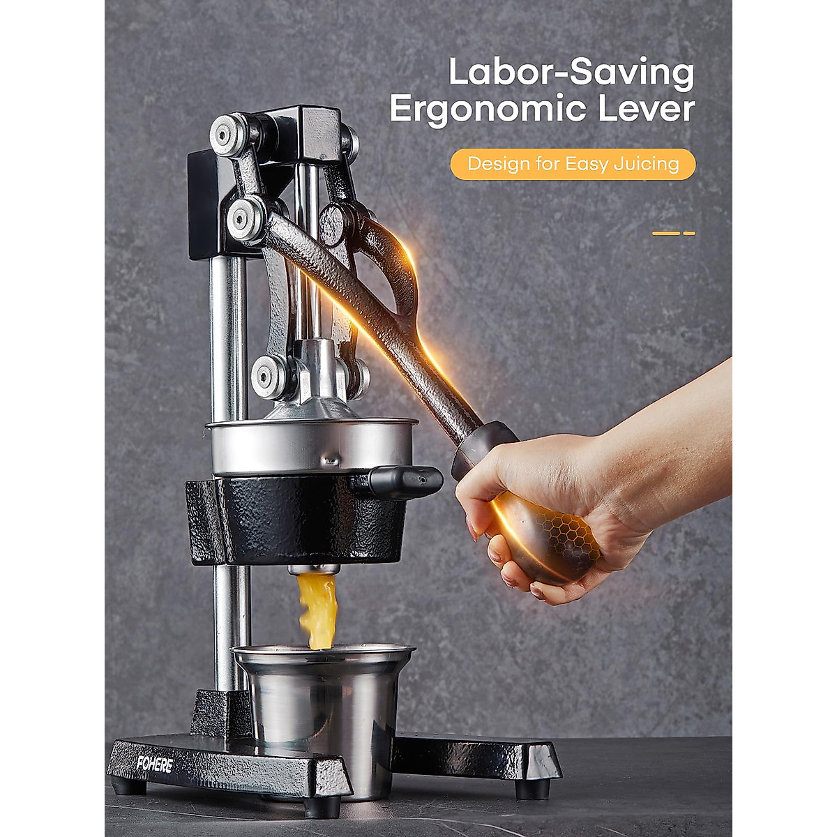 FOHERE Orange Juicer Squeezer, Cast Iron Lemon Squeezer, Commercial Citrus Juicer Hand Press for Orange, Lemon, Pomegranate, Grapefruit, Easy to Clean Citrus Squeezer with a Stainless Steel Cup