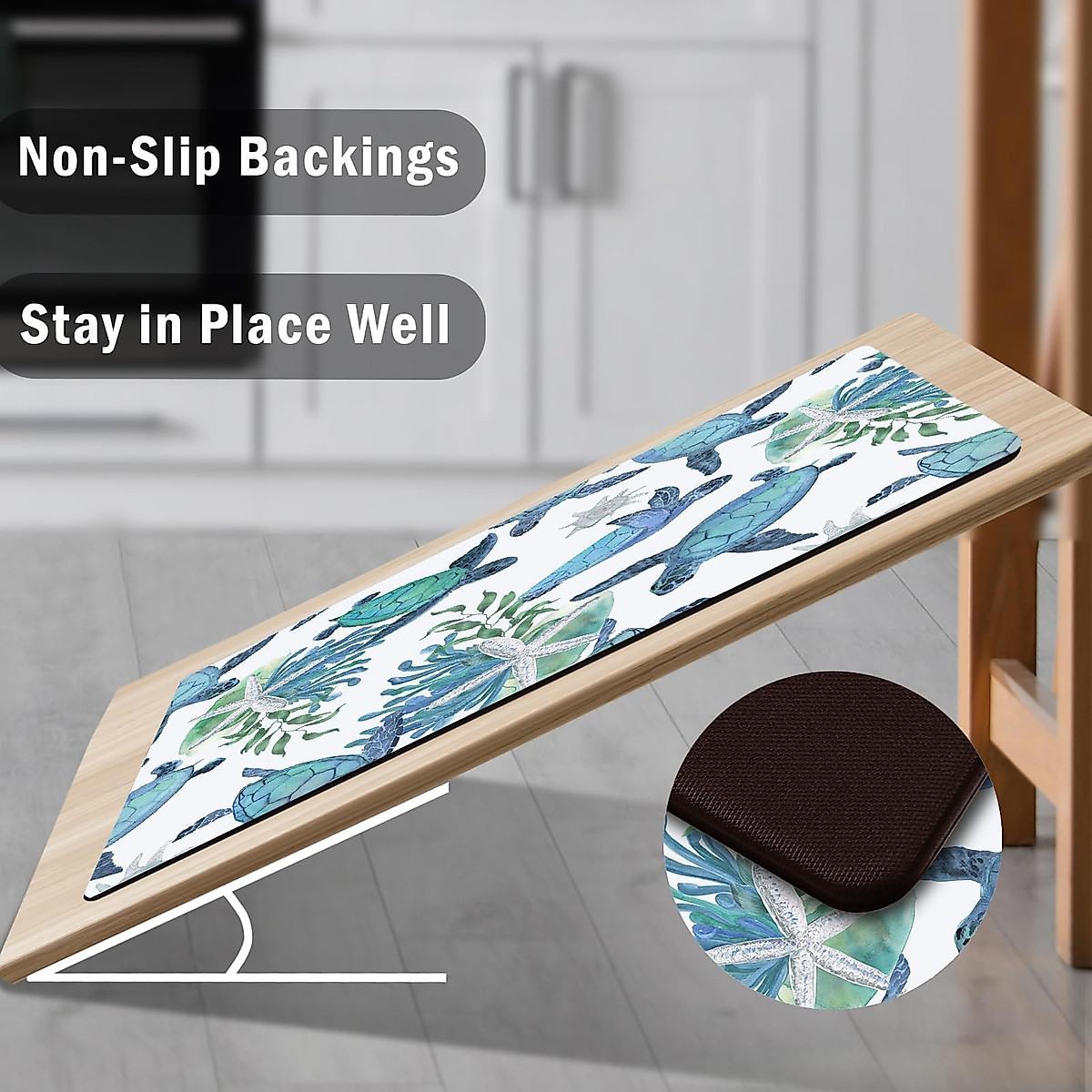 Tritard Coastal Beach Kitchen Rugs Mats Set of 2 Cushioned Anti Fatigue Kitchen Floor Mat 0.4 Inch Sea Turtles Non Slip Waterproof Kitchen Rug PVC Leather Comfort Mats for Kitchen, Blue, 17x28+17x47