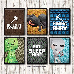 Mining Away - Pixel Video Game Craft Miners Room Wall Hanging Art Prints Decor Poster Sign Pictures Bedroom (Set of Six)