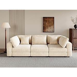 Merax 105" Couch Sofa with 5 Pillows and Removable Back Cushions, 3 Seater Corduroy Chaise Lounge Recliner for Living Room, Apartment Furniture, Beige