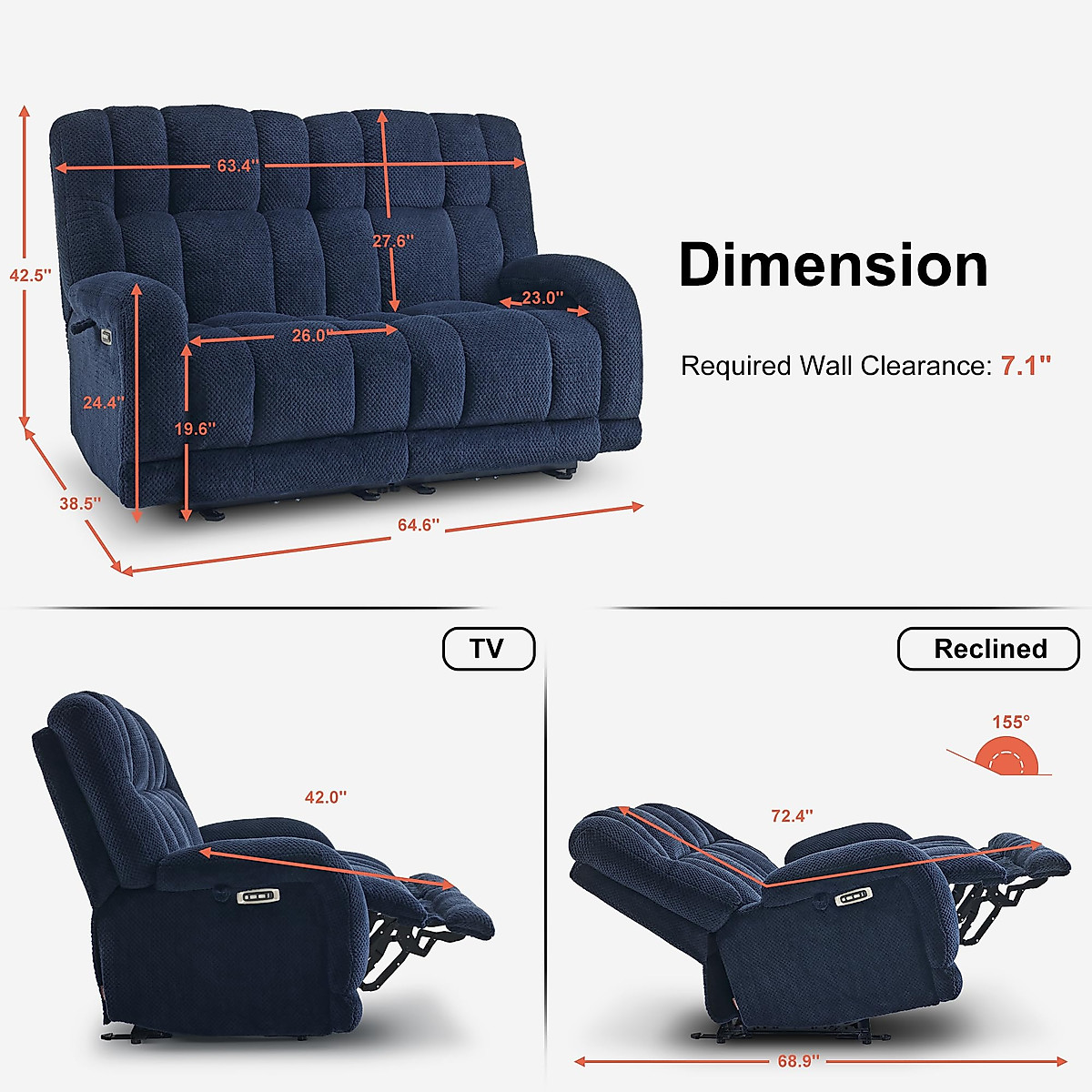 MCombo 64.6" Power Reclining Loveseat Sofa with Adjustable Headrest, Heat and Vibration, Fabric Electric Loveseat Recliner with USB Charge Ports for Living Room 6855 (Navy Blue)