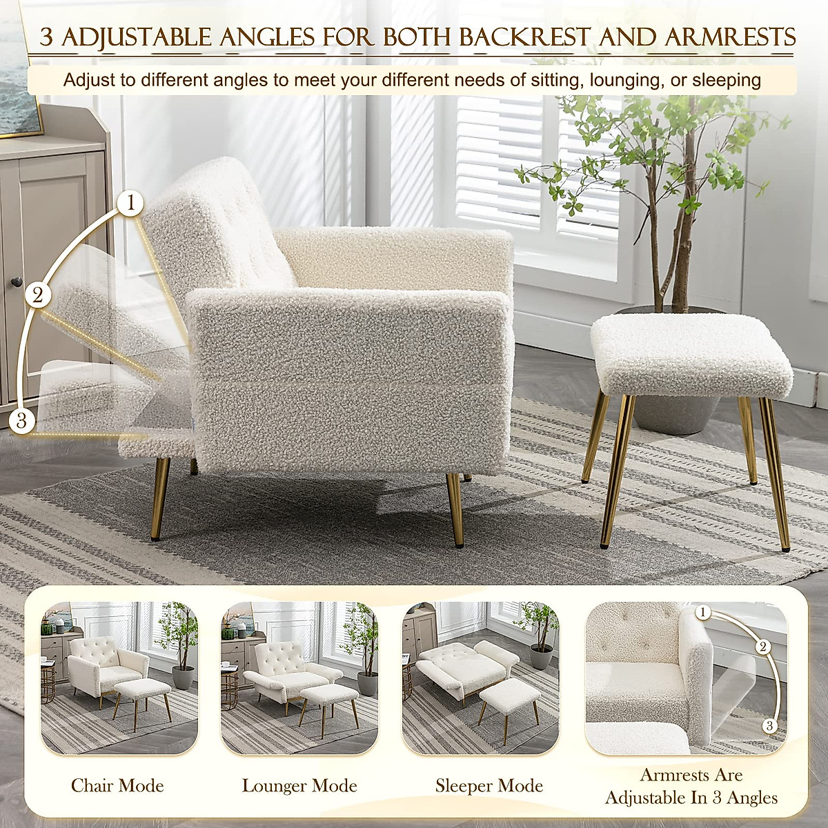 KINFFICT Velvet Accent Sofa Chair with Ottoman, Upholstered Comfy Lounge Armchair with Adjustable Armrests and Backrest, Living Room Single Recliner with Tufted Button Back, Cream White Teddy