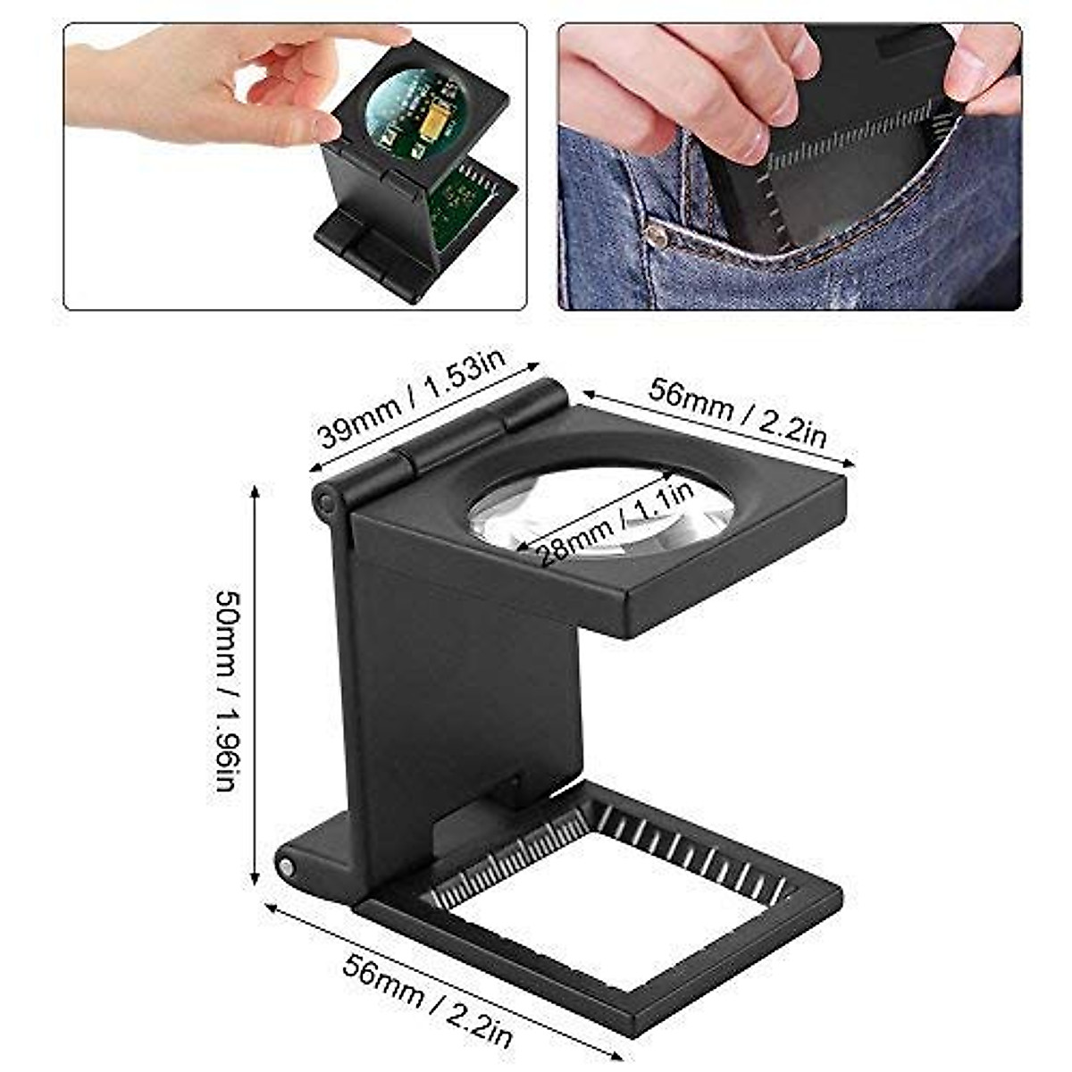 10X 28mm Mini Three-Folding 10X Magnifier Zinc Alloy Magnifier Magnifying Glass with Scale for Textile Optical Jewelry Tool, Pack of 3