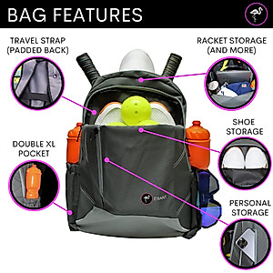 ERANT Athletic Pickleball Bag - Extra Large Sports Pickleball Backpack - Holds 4 Paddles & 2 Bottles - Durable - Men & Women - For Tennis, Pickleball & Gym - Grey