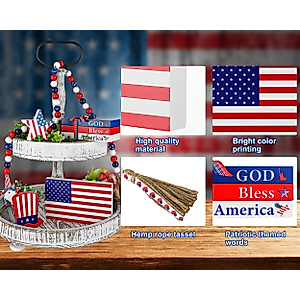 5Pcs 4th of July Tiered Tray Decor Patriotic Wood Signs American Flag Stars and Stripe Wood Blocks Red White Blue Wooden Bead Garland for 4th of July Memorial Day Home Table Decor