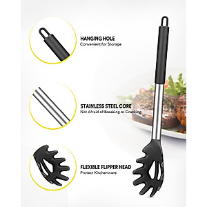 Silicone Pasta Fork and Soup Ladle Set, Non-Stick BPA Free Heat-Resistant Handy Kitchen Utensils for Cooking, Serving, Draining, Stirring (Black)
