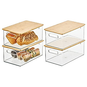 mDesign Plastic Stackable Storage Organizer Container Bin with Handles, Bamboo Wood Lid; for Kitchen, Pantry, Cabinet Organization; Holds Packaged Food, Snacks; Ligne Collection, 4 Pack, Clear/Natural