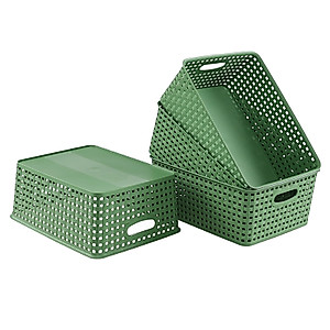 Sandmovie Plastic Woven Storage Baskets, Dark Green, 4 Pack