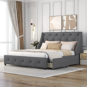 Merax Modern Queen Upholstered Platform Bed Frame with 4 Storage Drawers/No Box Spring Needed/Easy Assembly, Gray