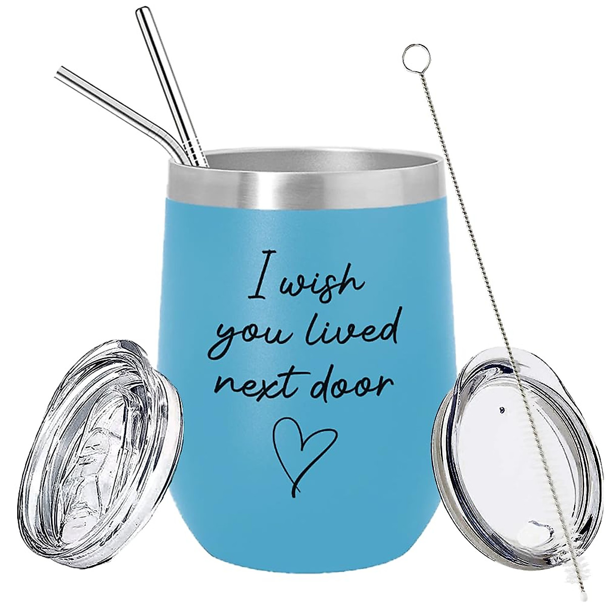 Bubble Hugs WItty Blue Wine Tumbler 12 Oz - I Wish You Lived Next Door Funny Mug for Bestfriend