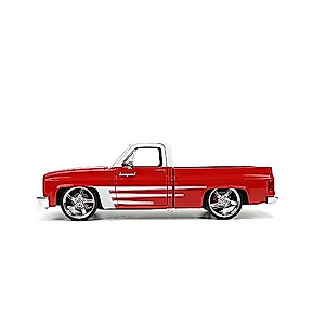 Just Trucks 1:24 1985 Chevy C10 Die-Cast Truck w/Tire Rack, Toys for Kids and Adults(Red/White)